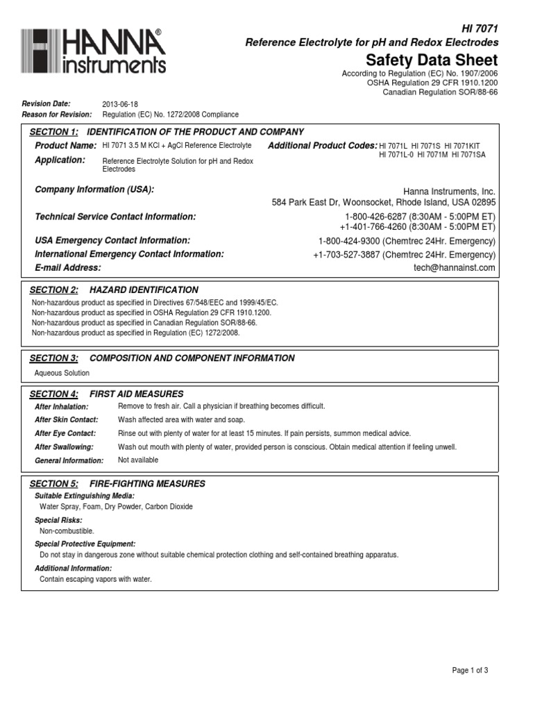 Safety Data Sheet: HI 7071 Reference Electrolyte For PH and Redox ...