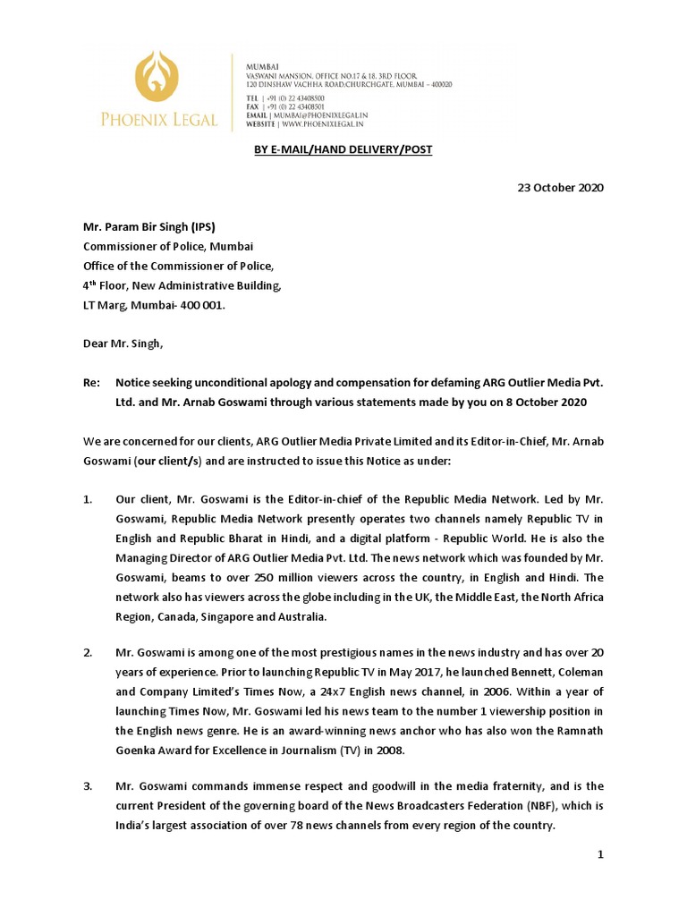Republic's Legal Notice To Param Bir Singh | PDF | Defamation | Journalism
