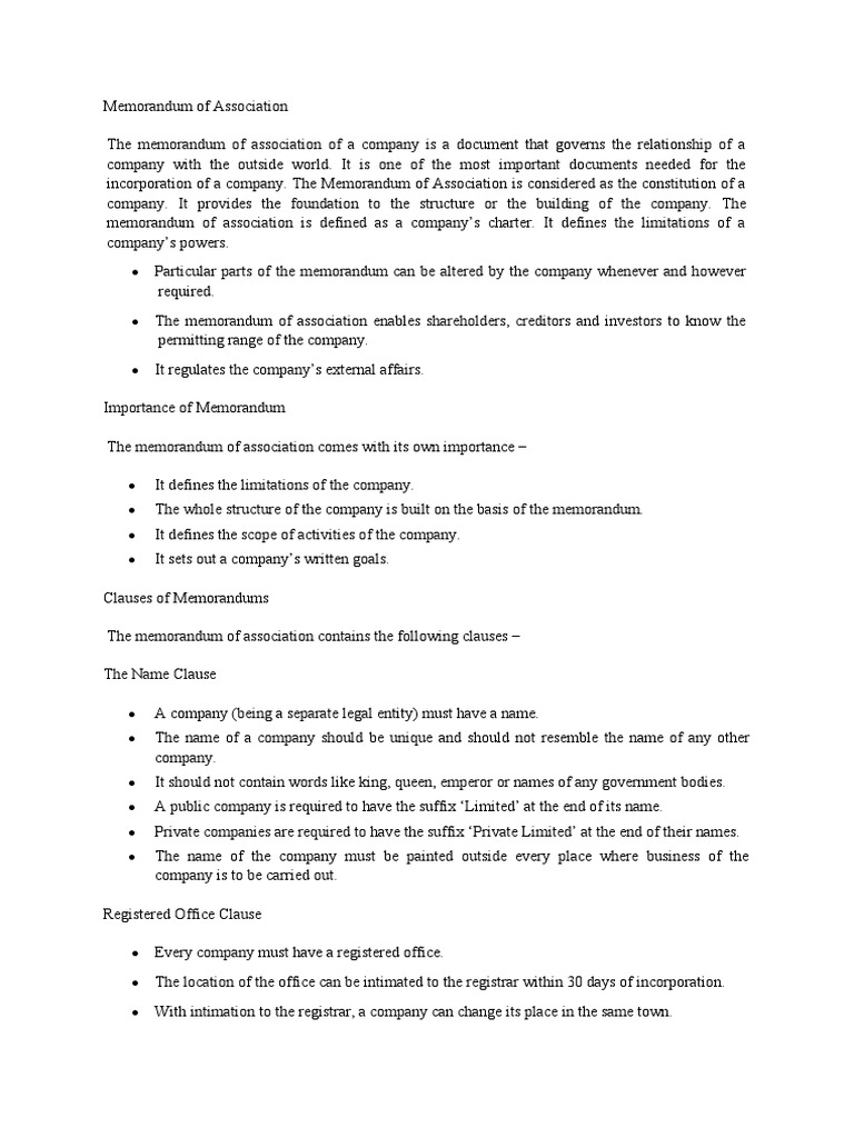Understanding Memorandum of Association | PDF | Shareholders | Companies