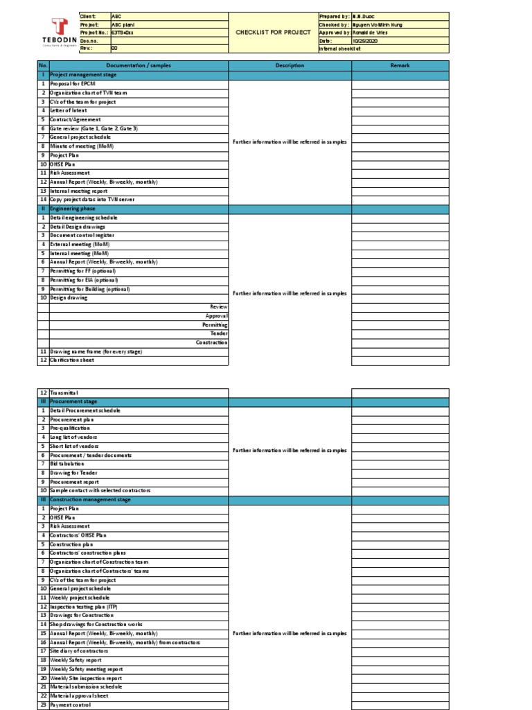 00 - Project Checklist Internally | PDF | Engineering | Economic Sectors