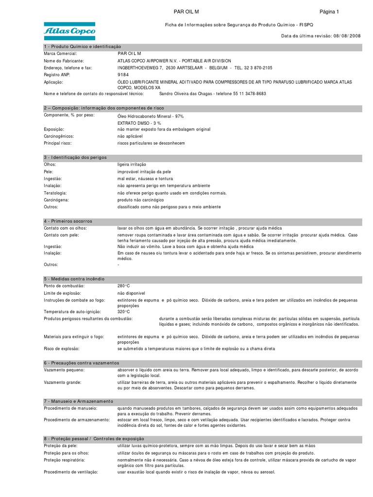 Ficha de Informações sobre Segurança do Produto Químico - PAR OIL M ...