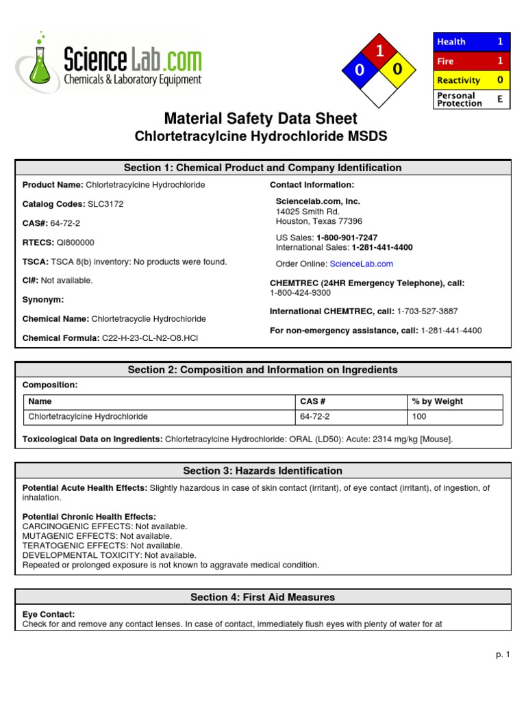Material Safety Data Sheet: Chlortetracylcine Hydrochloride MSDS | PDF ...