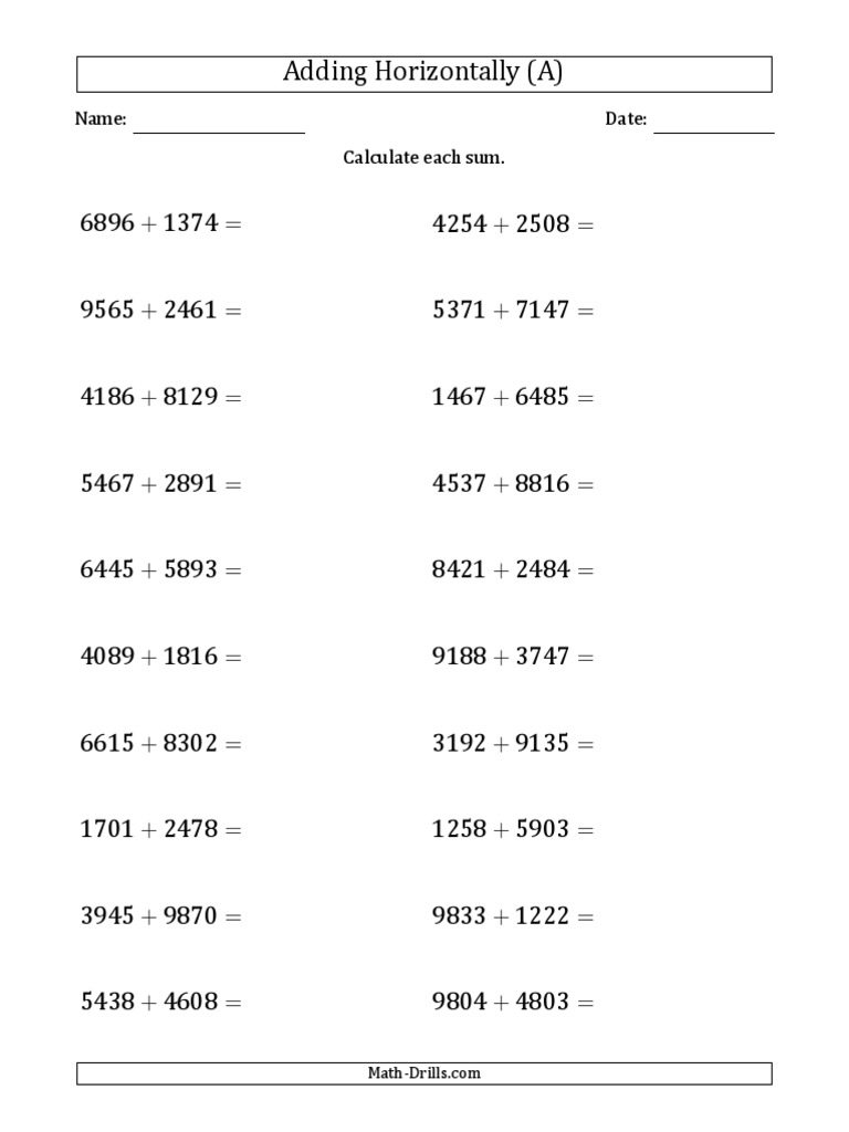 Addition Horizontal 4digit Plus 4digit 001 PDF | PDF | Teaching Methods ...
