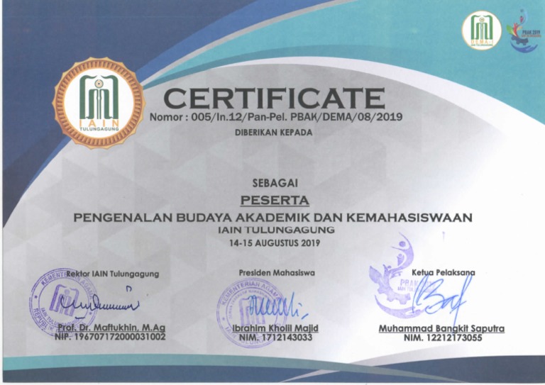 Sertifikat PBAK Tahun 2019 PDF | PDF