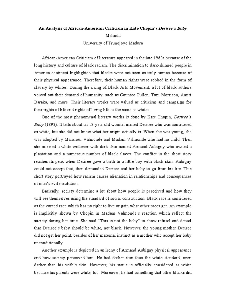 An Analysis of African-American Criticism in Kate Chopin's Desiree's ...