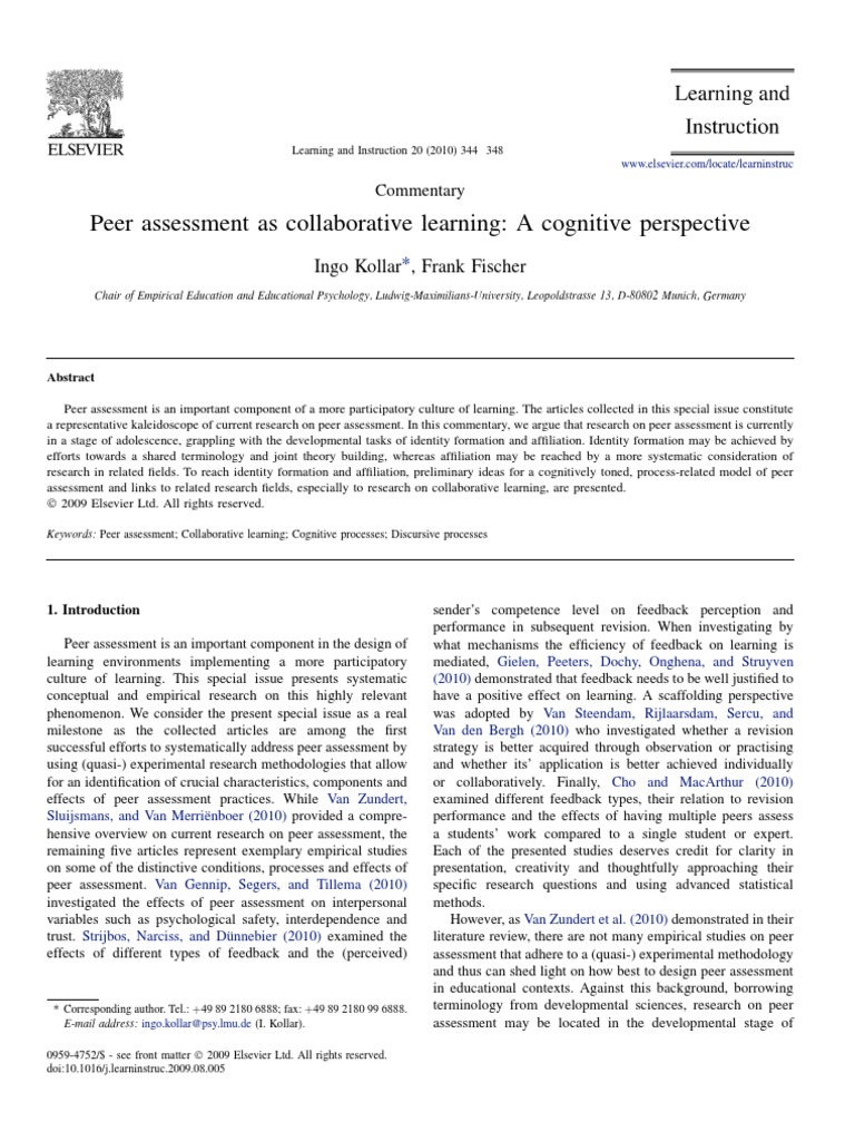 Kollar, I., & Fischer, F. (2010) - Peer Assessment As Collaborative Learning A Cognitive ...