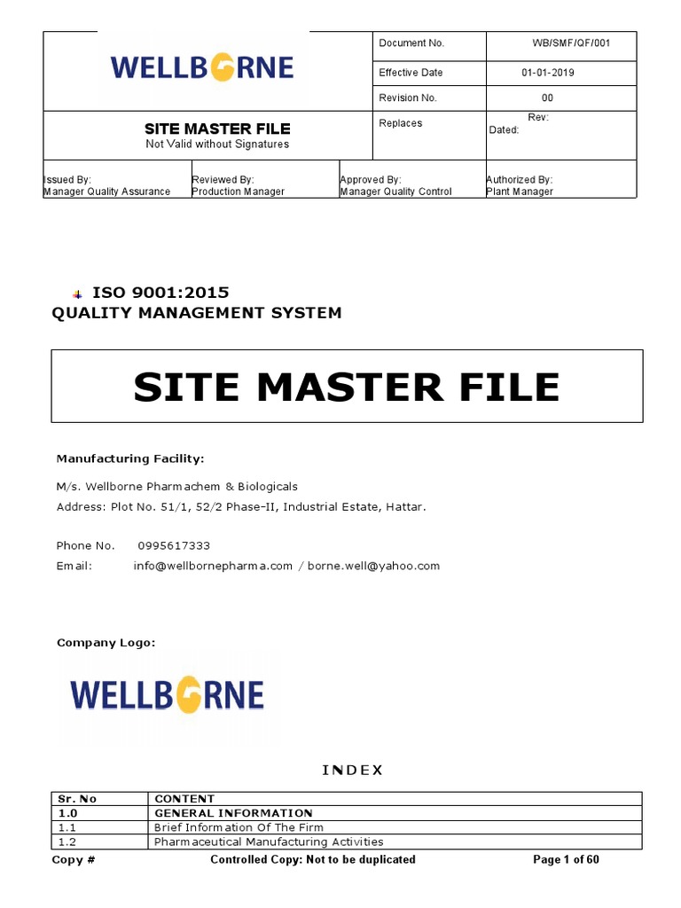 Wellborne Pharma Site Master File | PDF | Audit | Internal Audit