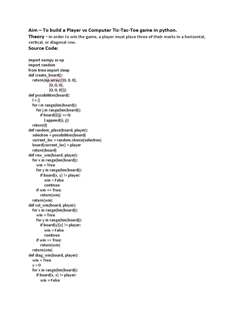 Aim - To Build A Player Vs Computer Tic-Tac-Toe Game in Python. Theory ...