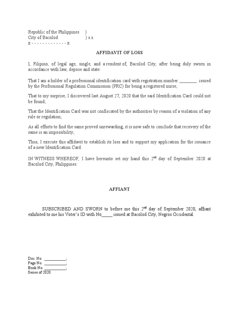 Affidavit of Loss of PRC ID | PDF