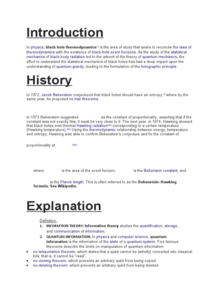 Bekenstein's Black Hole Entropy Theory | PDF | Black Hole | Spacetime