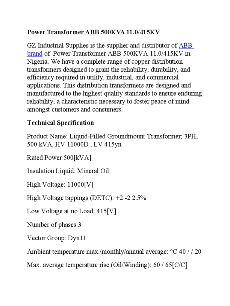 Power Transformer ABB 500KVA 11 | PDF
