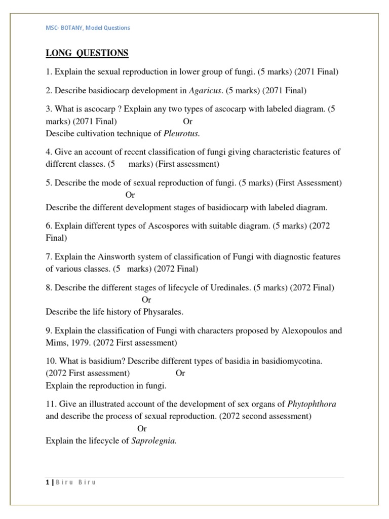 Long Questions: MSC-BOTANY, Model Questions | PDF | Fungus | Bacteria