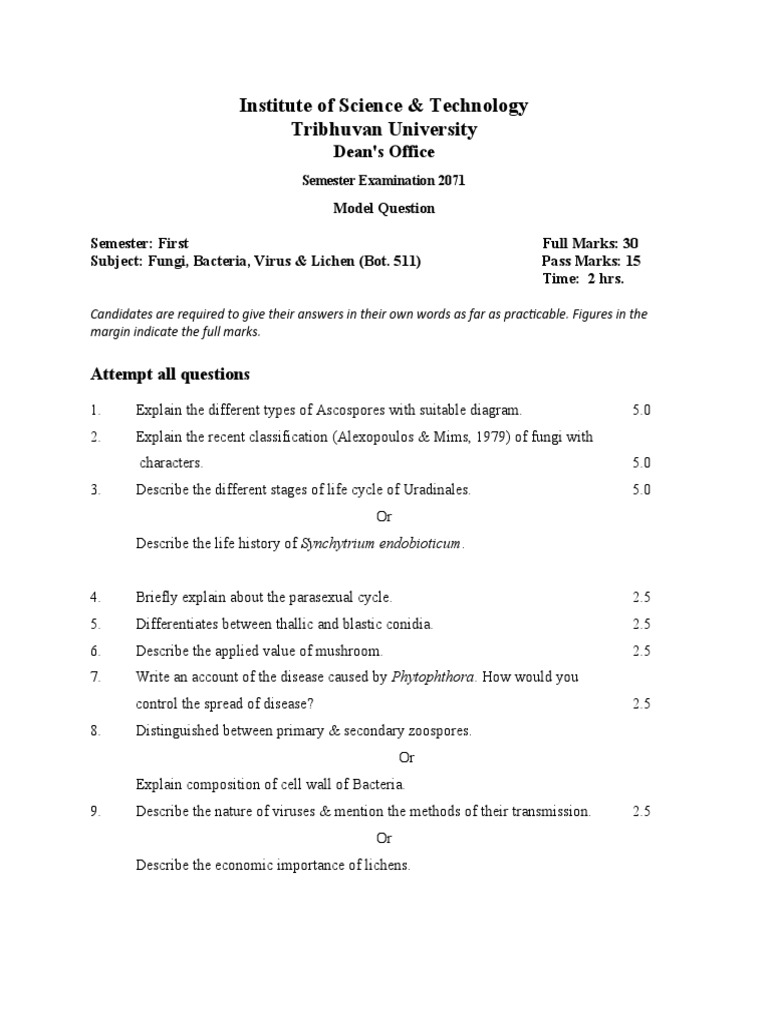 Msc 1st Sem Model Questions Pdf Algae Moss
