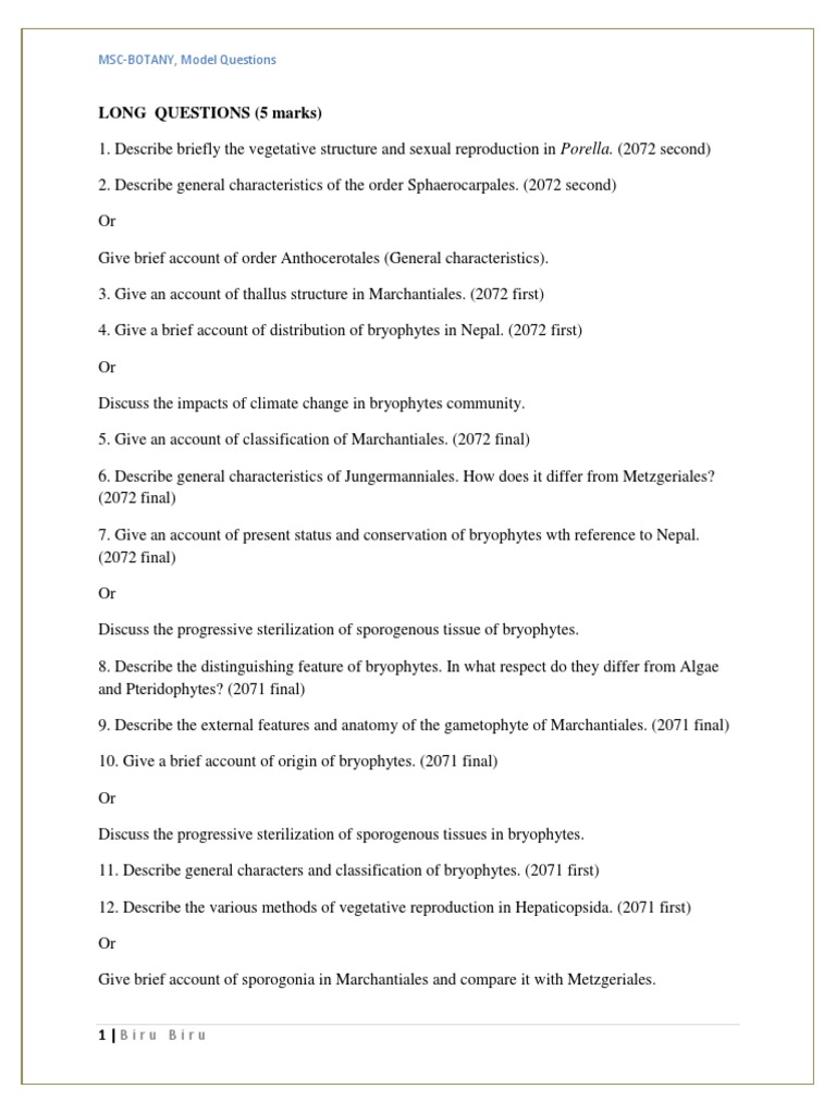 Long Questions (5 Marks) : MSC-BOTANY, Model Questions | PDF | Moss ...