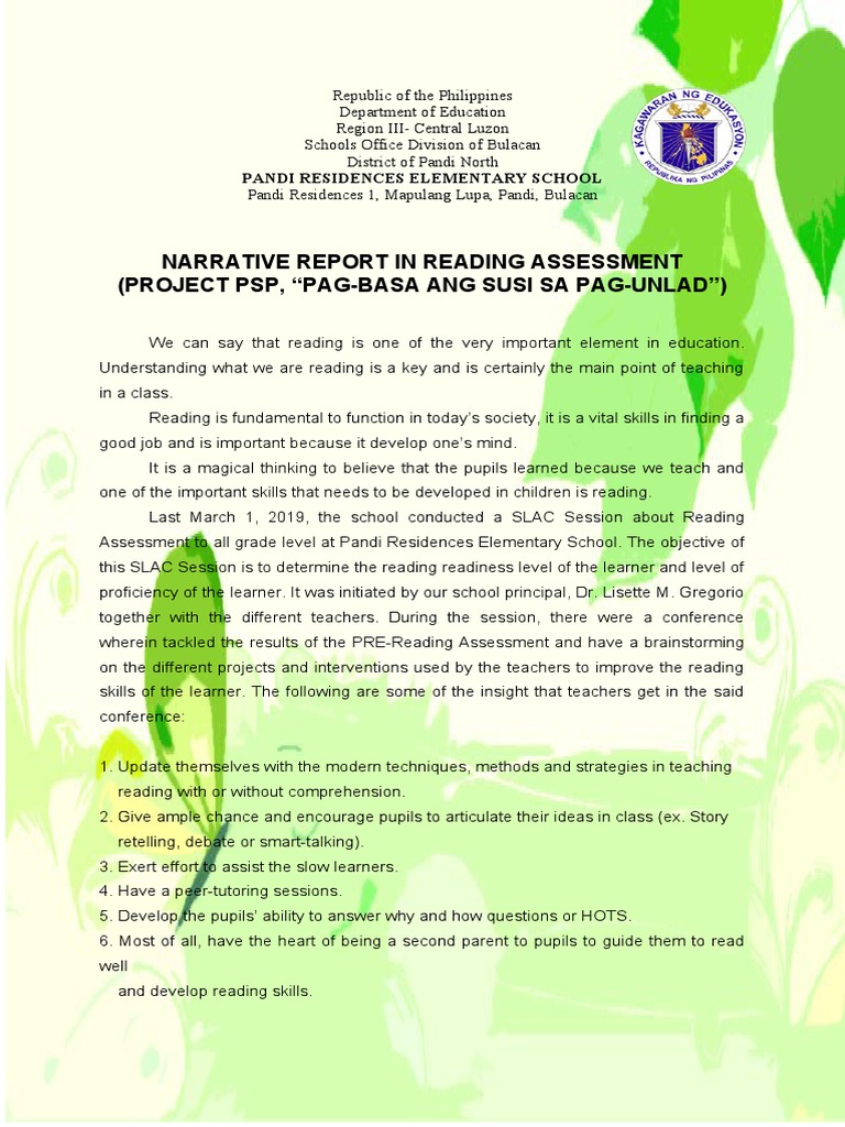 Narrative Report in Reading Assessment (Project PSP, "Pag-Basa Ang Susi ...