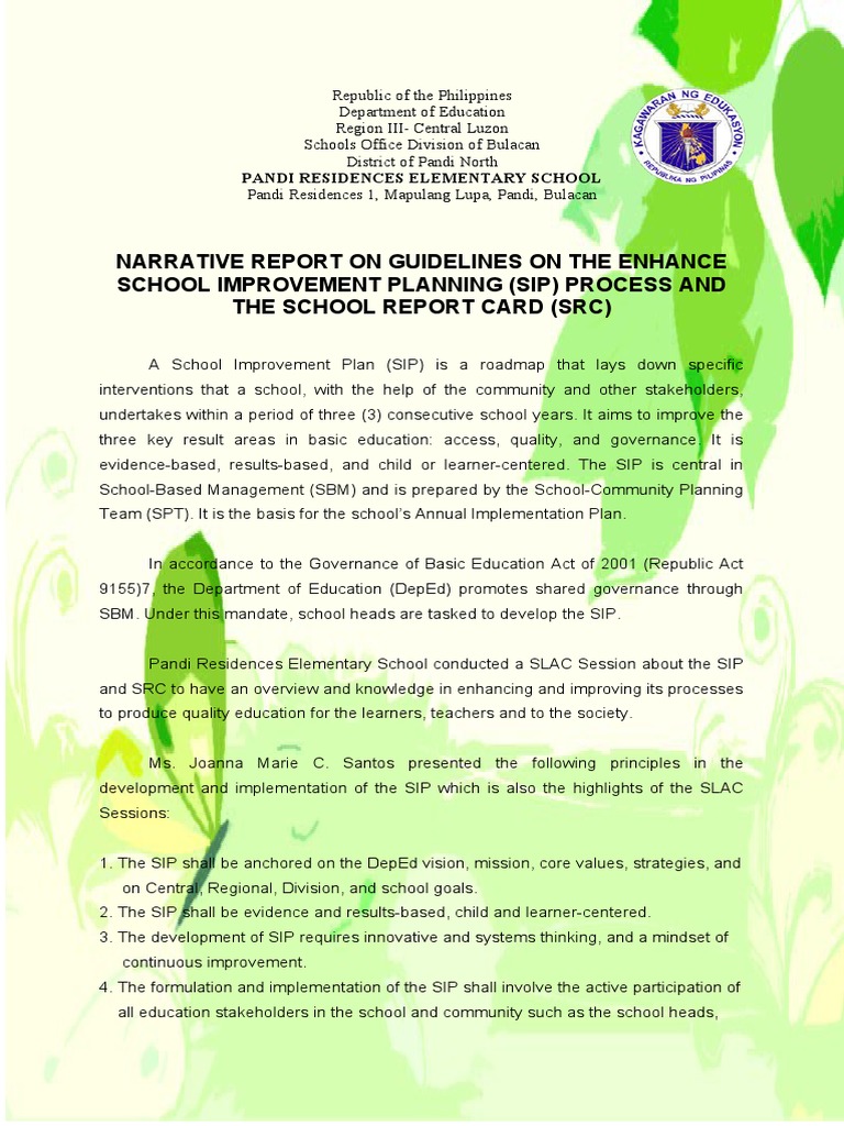 Narrative Report On Guidelines On The Enhance School Improvement ...