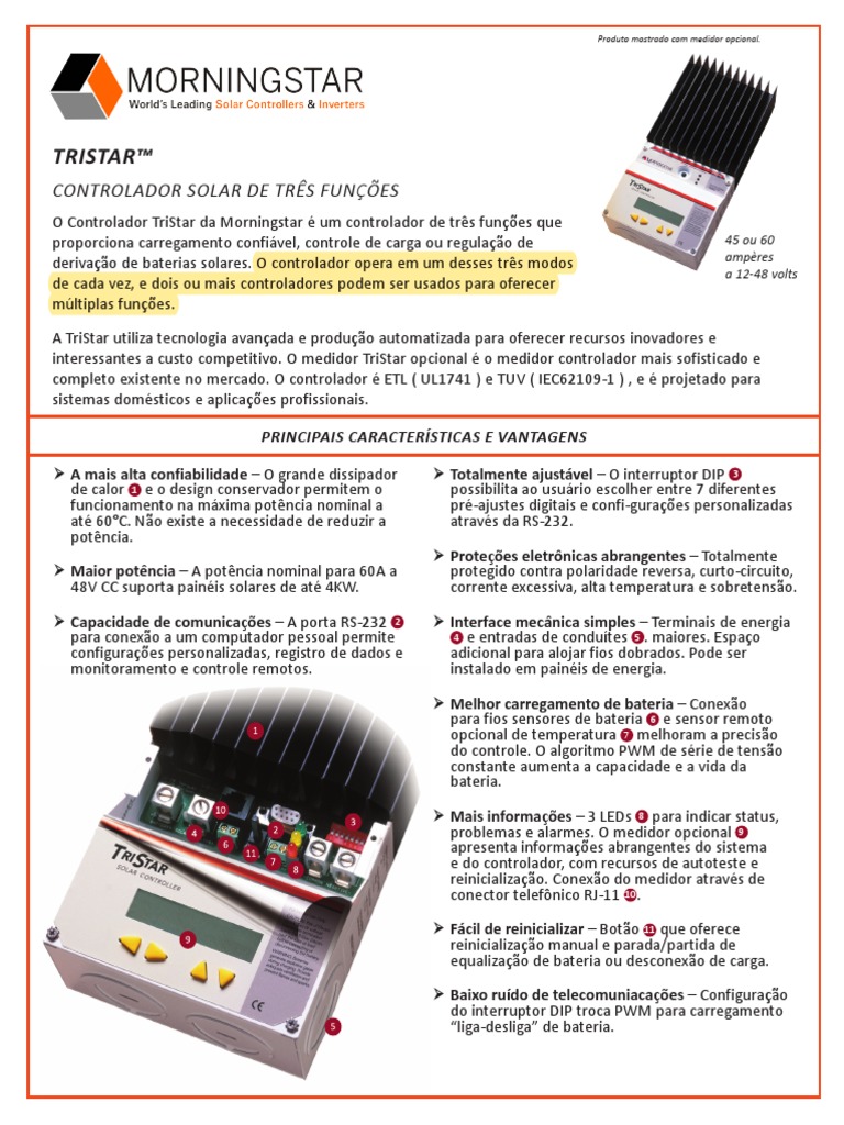 Datasheet Controlador de Carga TriStar | PDF | Corrente elétrica | Potência (Física)