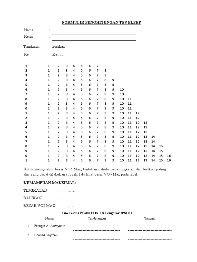 Formulir Penilaian Bleep Test | PDF