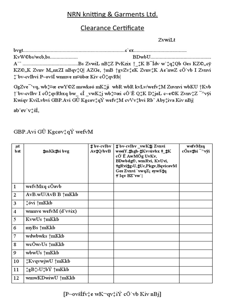 Clearance Certificate For Workers Knitting Section | PDF