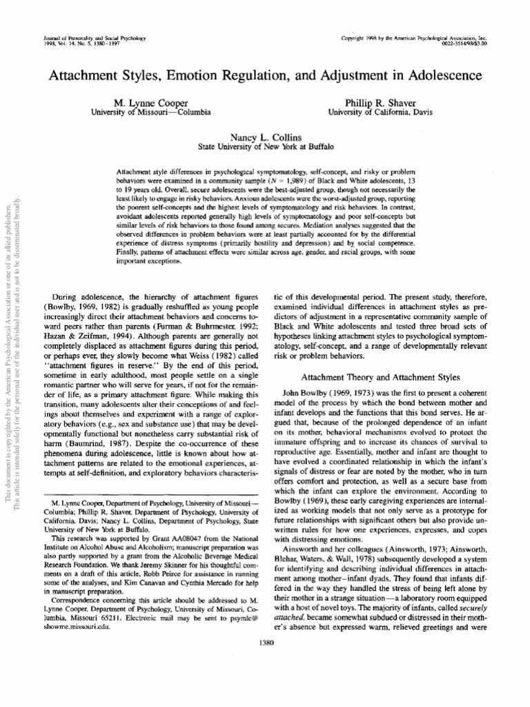 Attachment Styles, Emotion Regulation, and Adjustment in Adolescence ...