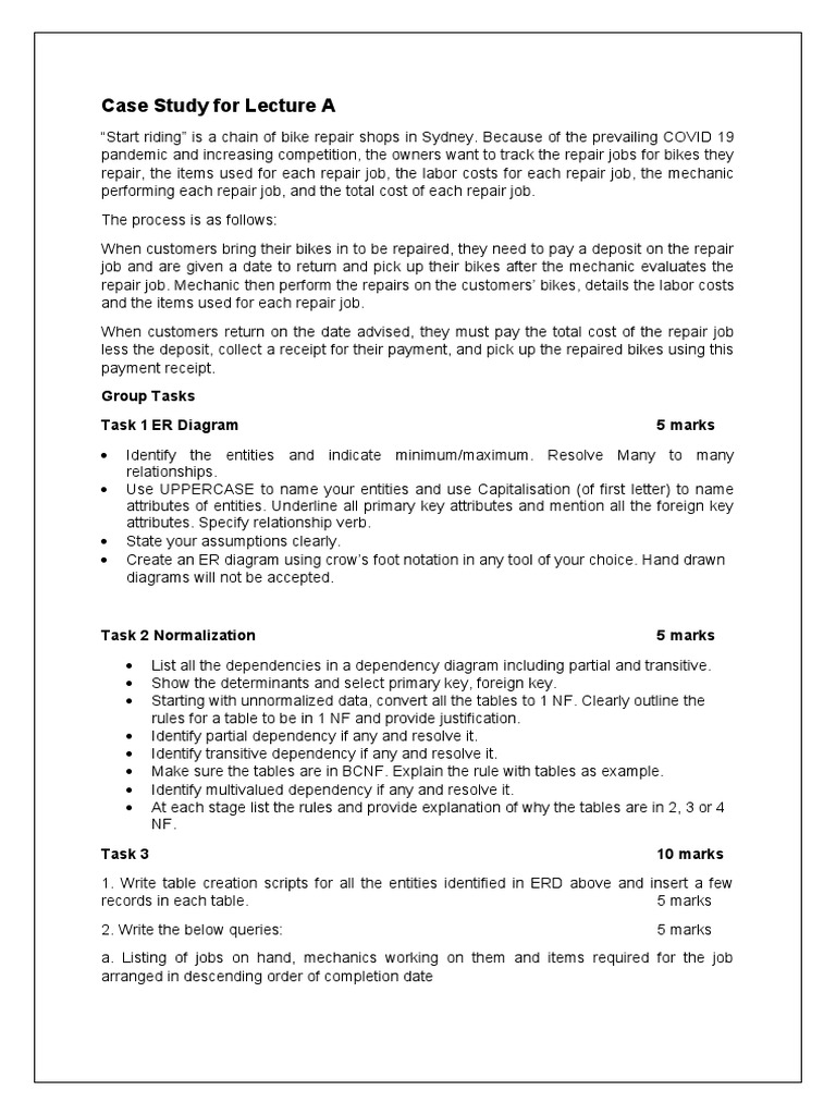 Case Study For Lecture A: Group Tasks Task 1 ER Diagram 5 Marks | PDF ...
