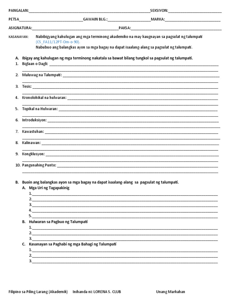 TALUMPATI Activity Sheet Filipino Sa Pil | PDF