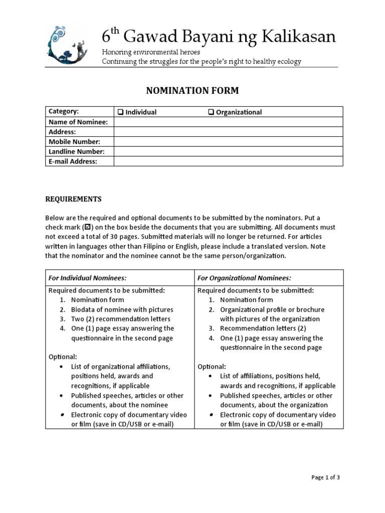 6 Gawad Bayani NG Kalikasan: Nomination Form | PDF | Business