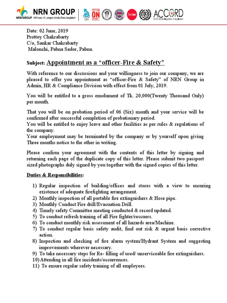 Appointment Letter for Fire & Safety Officer | PDF