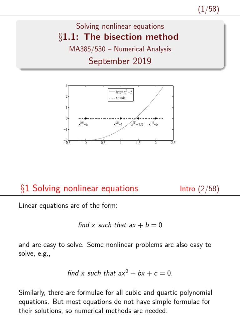 1.1: The Bisection Method September 2019: MA385/530 - Numerical Analysis | PDF | Numerical ...