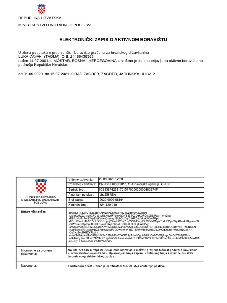 Elektronički Zapis o Aktivnom Boravištu-1 | PDF