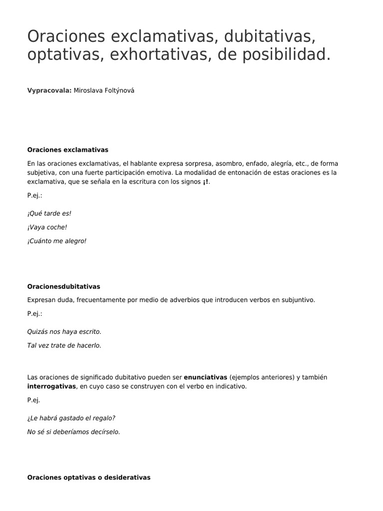 Oraciones Exclamativas Dubitativas Optativas Exhortativas de ...
