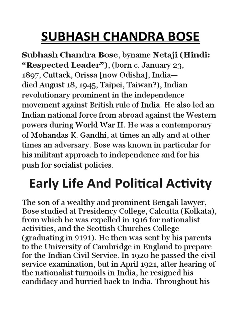 Subhash Chandra Bose: Early Life and Political Activity | PDF | Indian ...