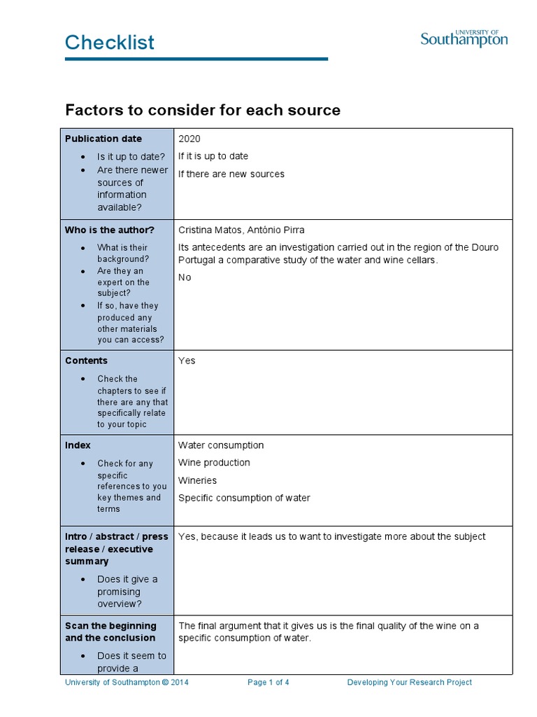 Checklist: Factors To Consider For Each Source | PDF | Psychological ...
