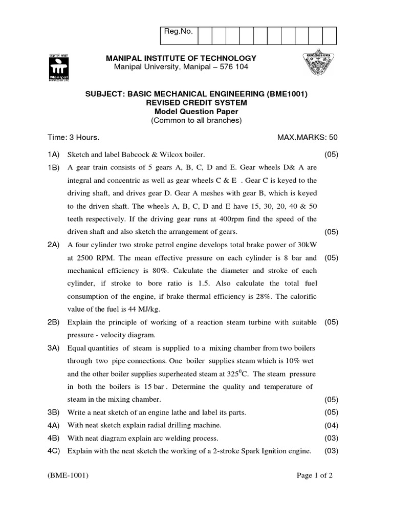 BME - Model Question Paper | PDF | Boiler | Gear