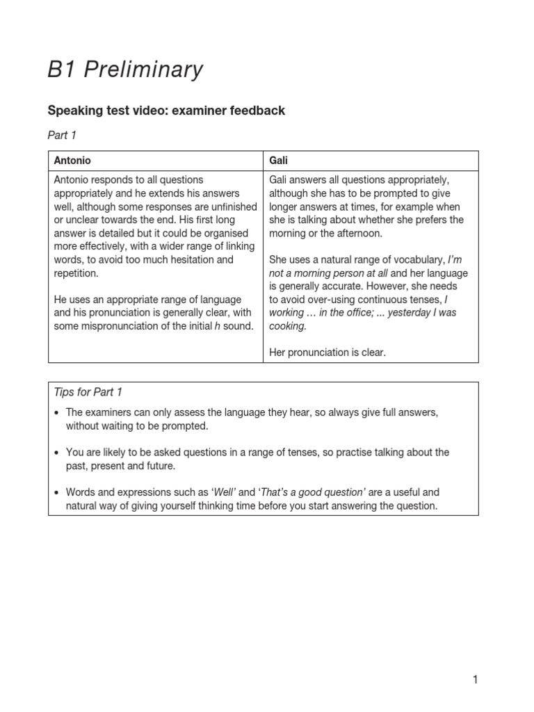 B1 Preliminary - Speaking Test - Examiner Feedback PDF | PDF | Question ...