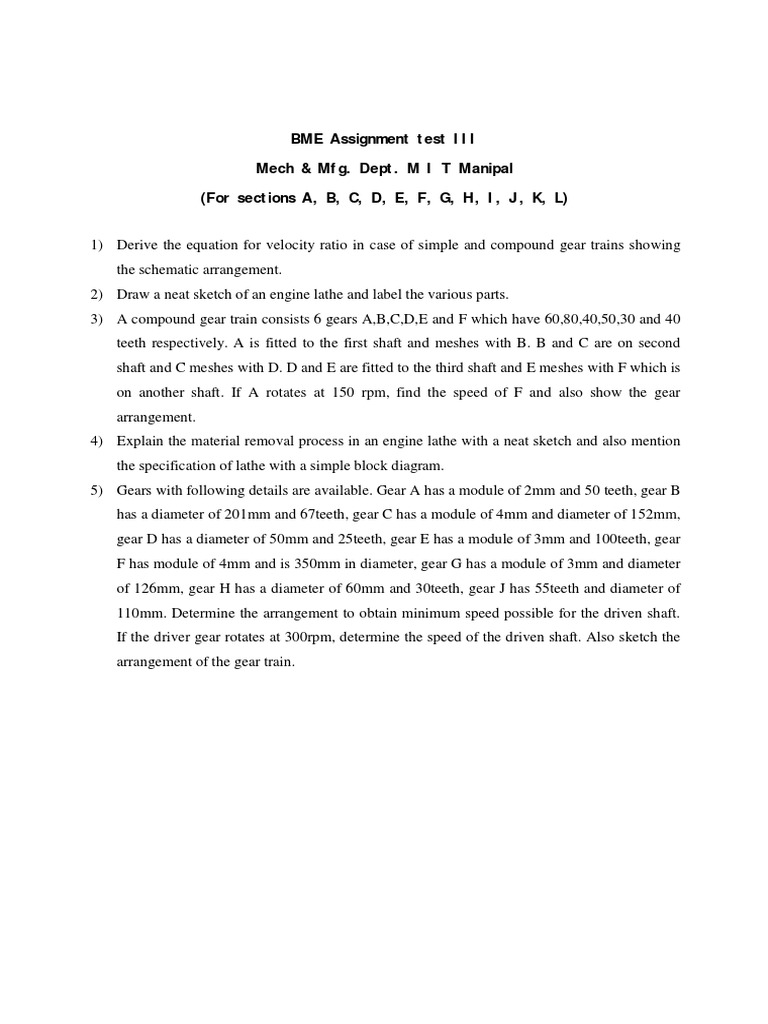 BME Assignment Test III Mech & Mfg. Dept. M I T Manipal (For Sections A ...