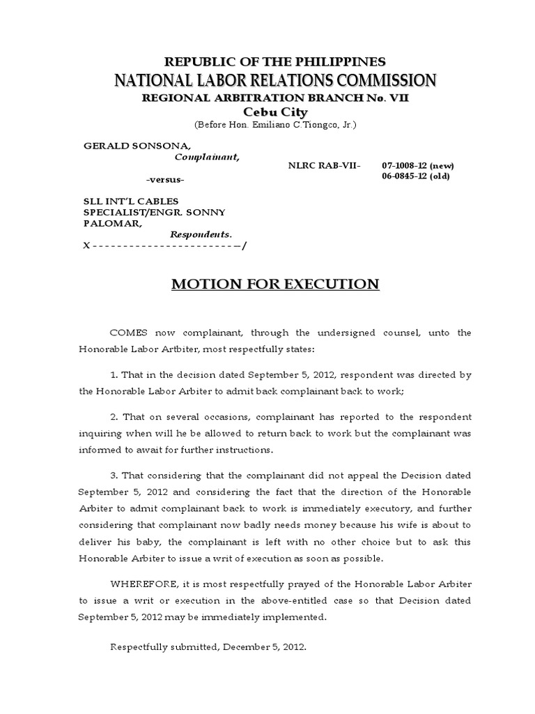 Motion for Execution of Decision Requiring Complainant's Reinstatement ...
