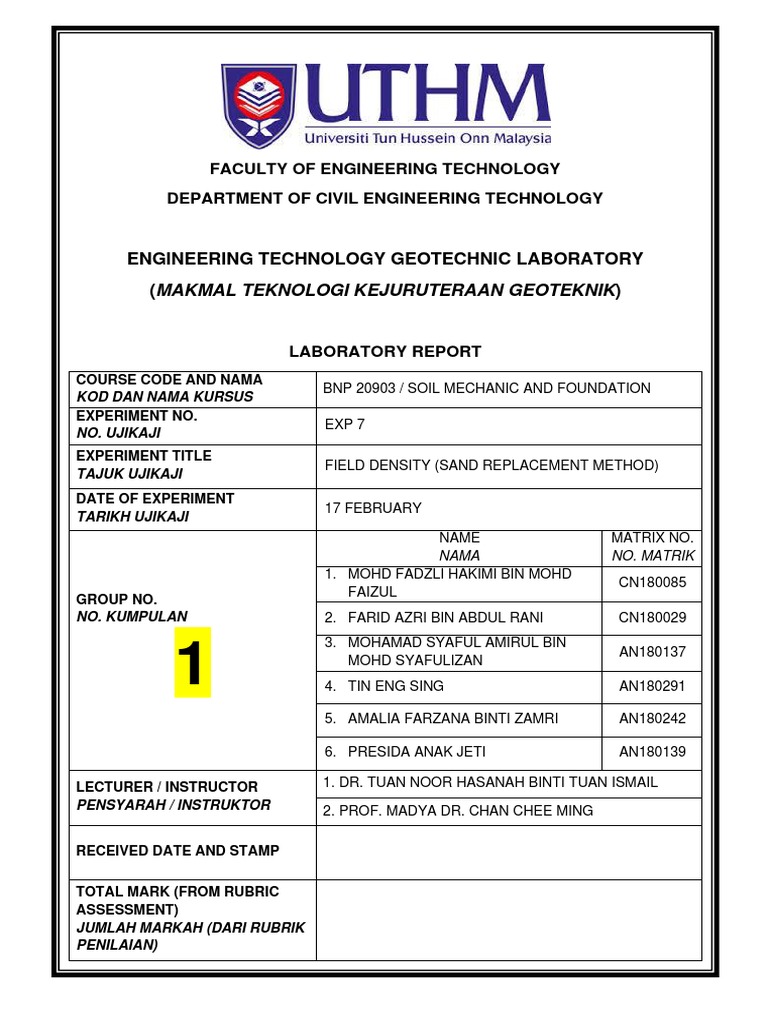 Exp 7 Field Density (Sand Replacement Method) PDF | PDF | Density | Soil