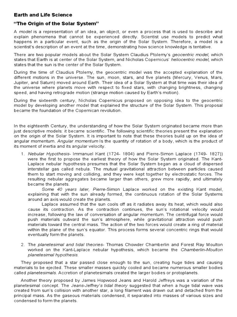 Earth and Life Science "The Origin of The Solar System" | PDF ...