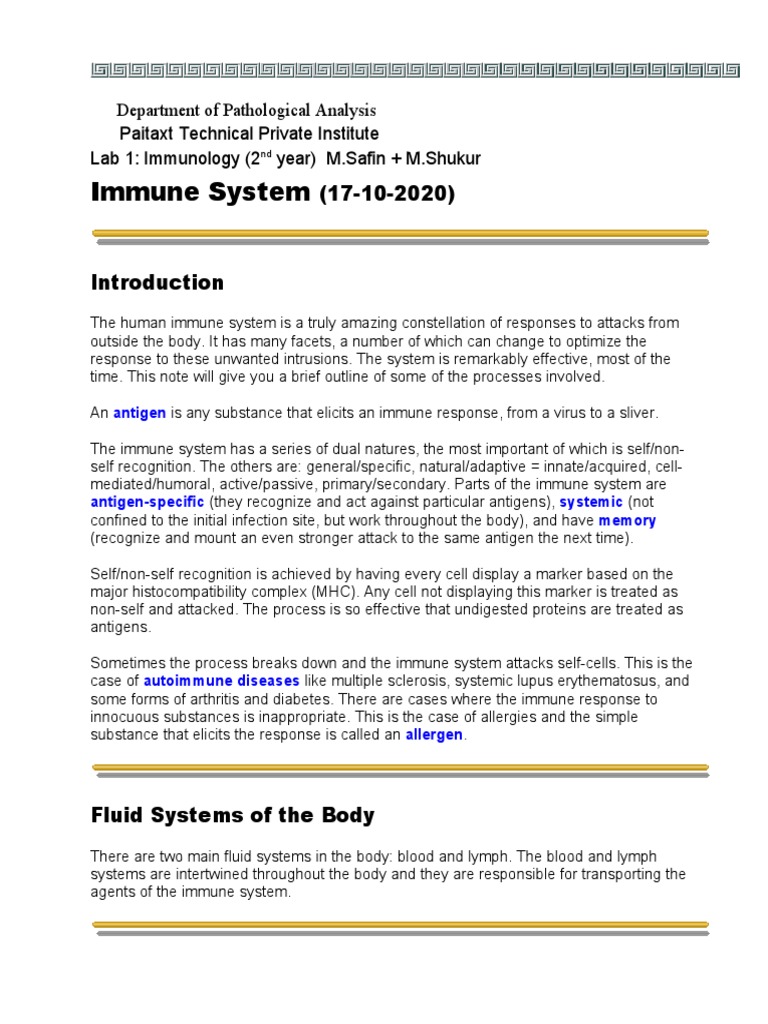 Immune System: Paitaxt Technical Private Institute Lab 1: Immunology (2 ...