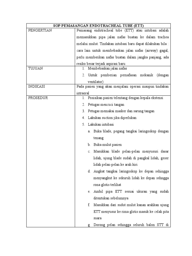 SOP Pemasangan ETT | PDF