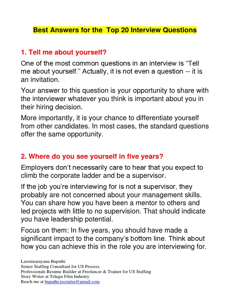 Best Answers For The Top 20 Interview Questions: 1. Tell Me About ...