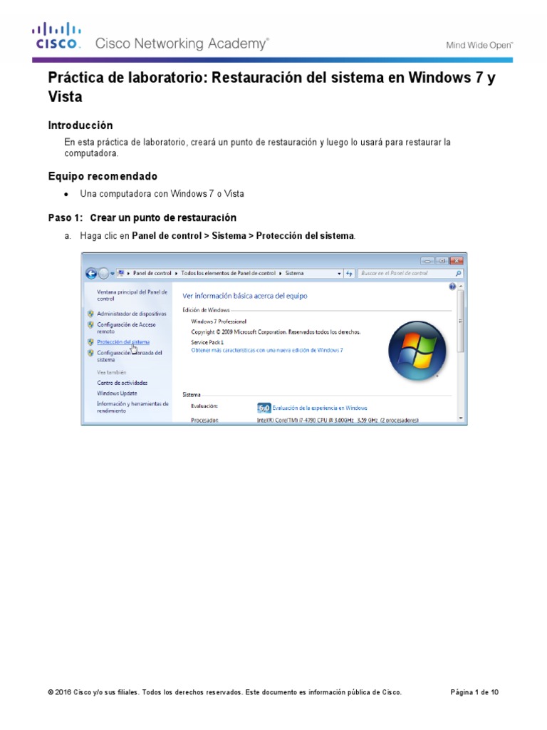 6.3.1.7 Lab - System Restore in Windows 7 and Vista | PDF | Windows 7 | Servicios de Información ...