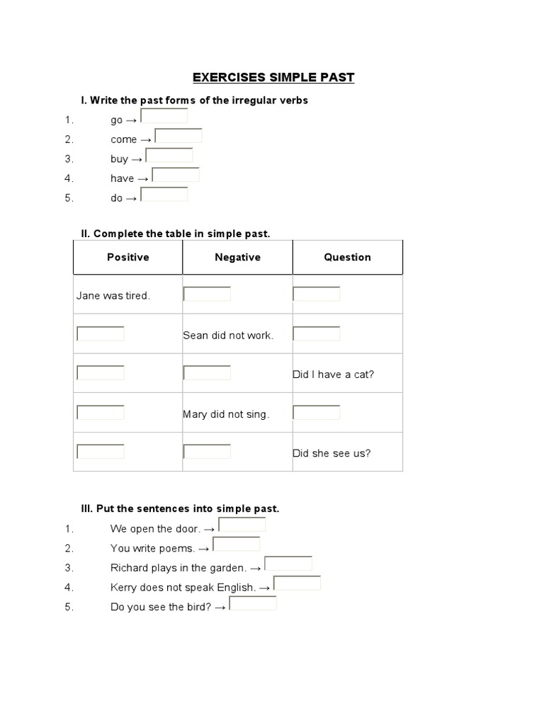 Exercises Simple Past: I. Write The Past Forms of The Irregular Verbs | PDF