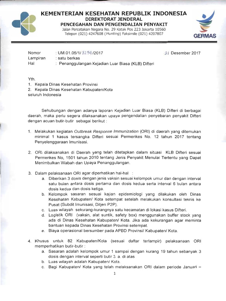 Surat Penanggulangan Kejadian Luar Biasa (KLB) Difteri | PDF Surat Penanggulangan Kejadian Luar Biasa (KLB) Difteri | PDF