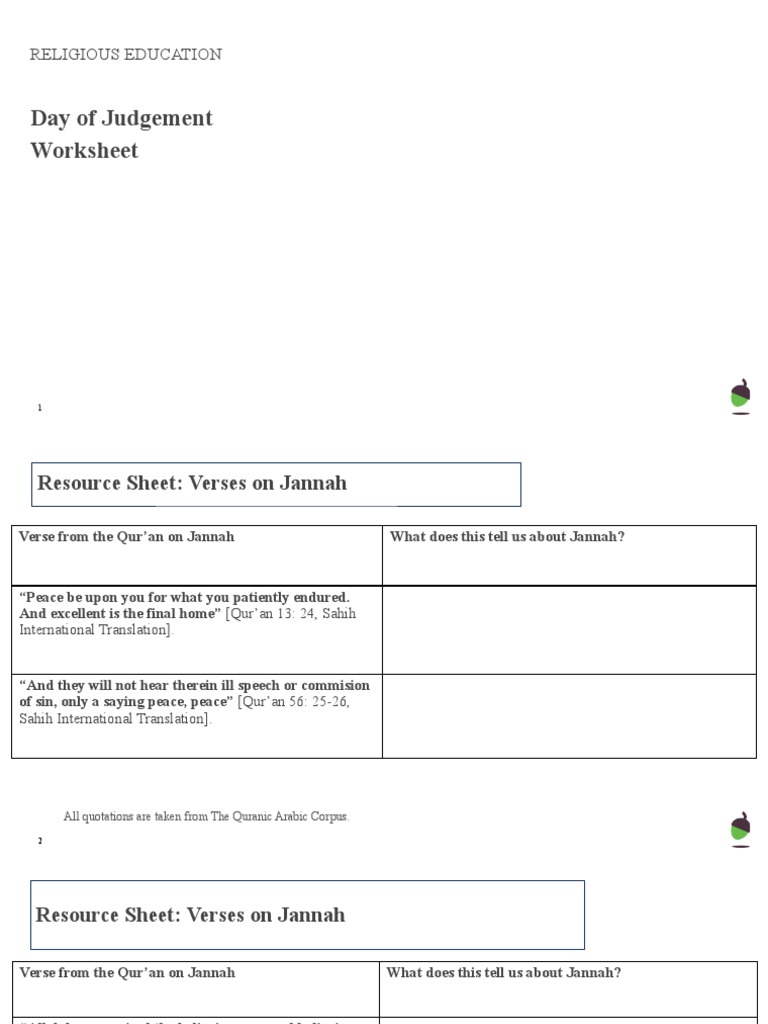 Day of Judgement Worksheet: Religious Education | PDF | Religion ...
