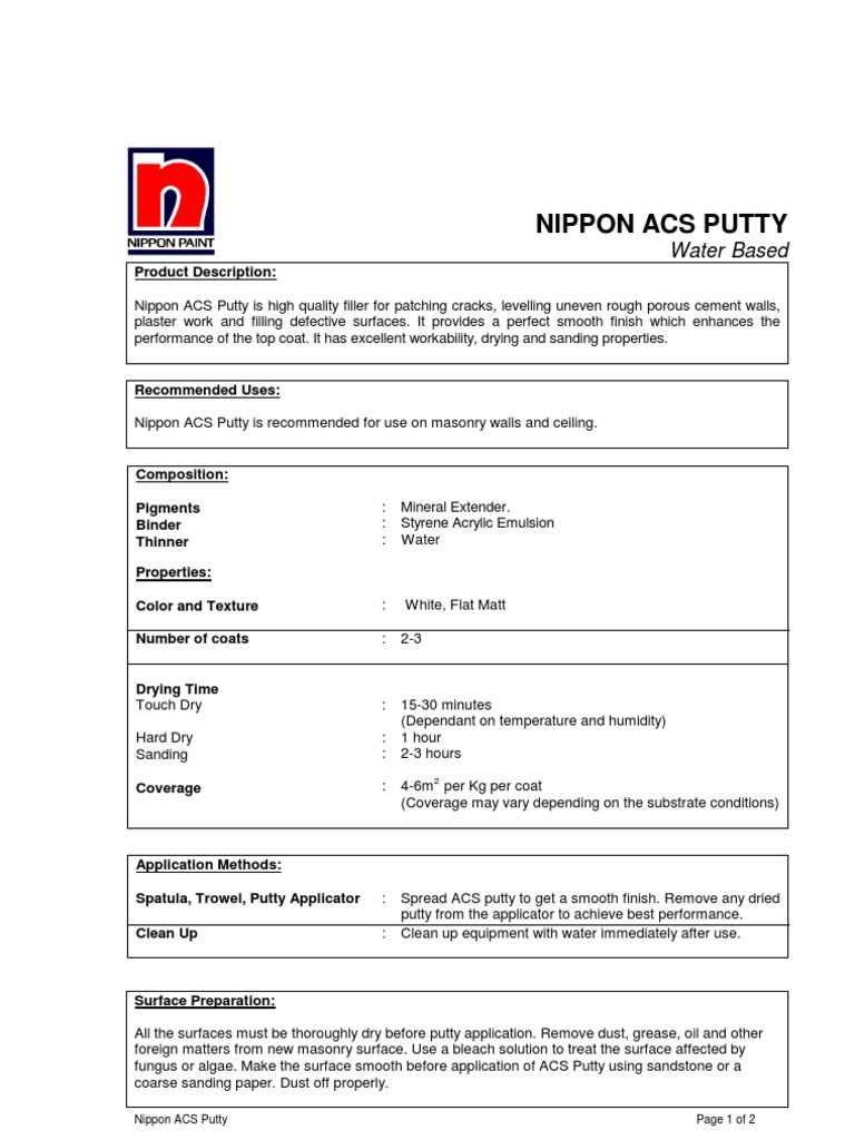 Nippon ACS Putty TDS | PDF | Building Materials | Materials