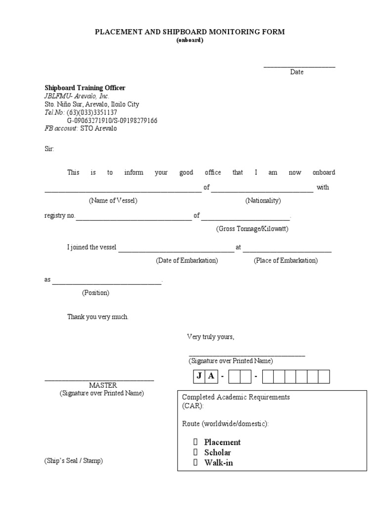 Placement and Shipboard Monitoring Form | PDF