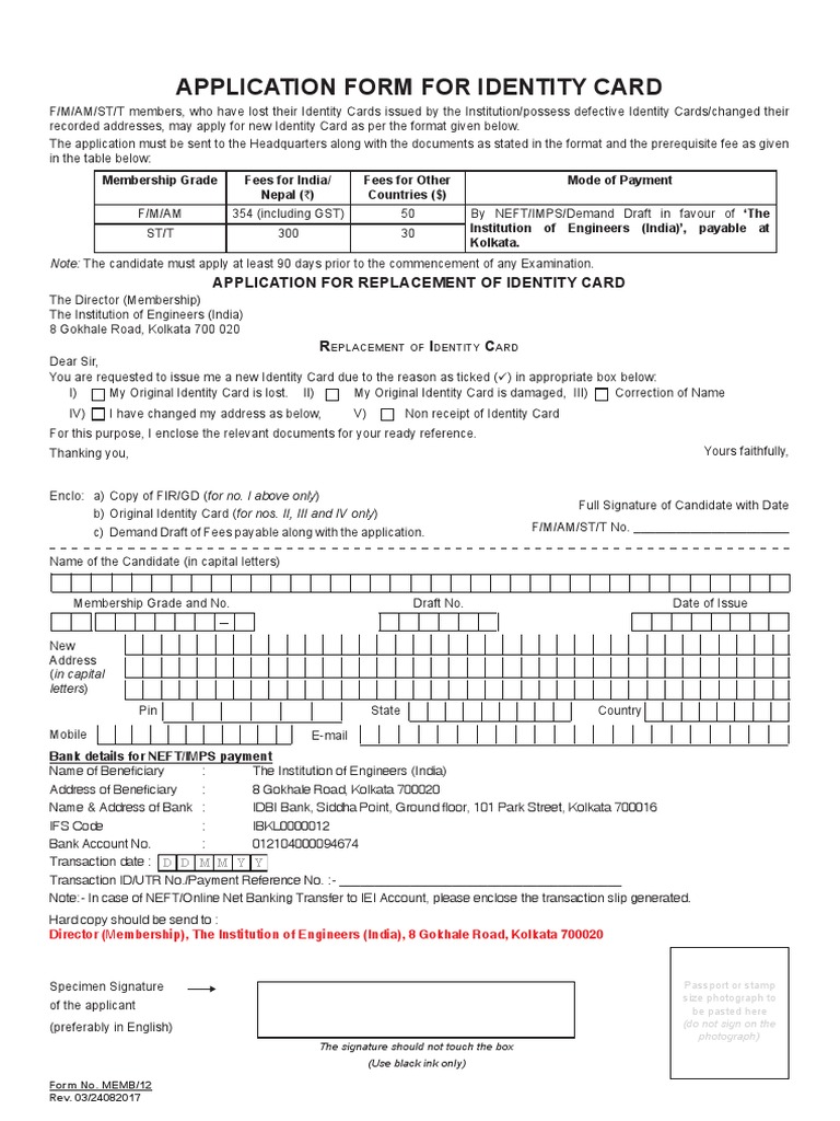 Application For Identity Card at IEI | PDF | Identity Document | Payments