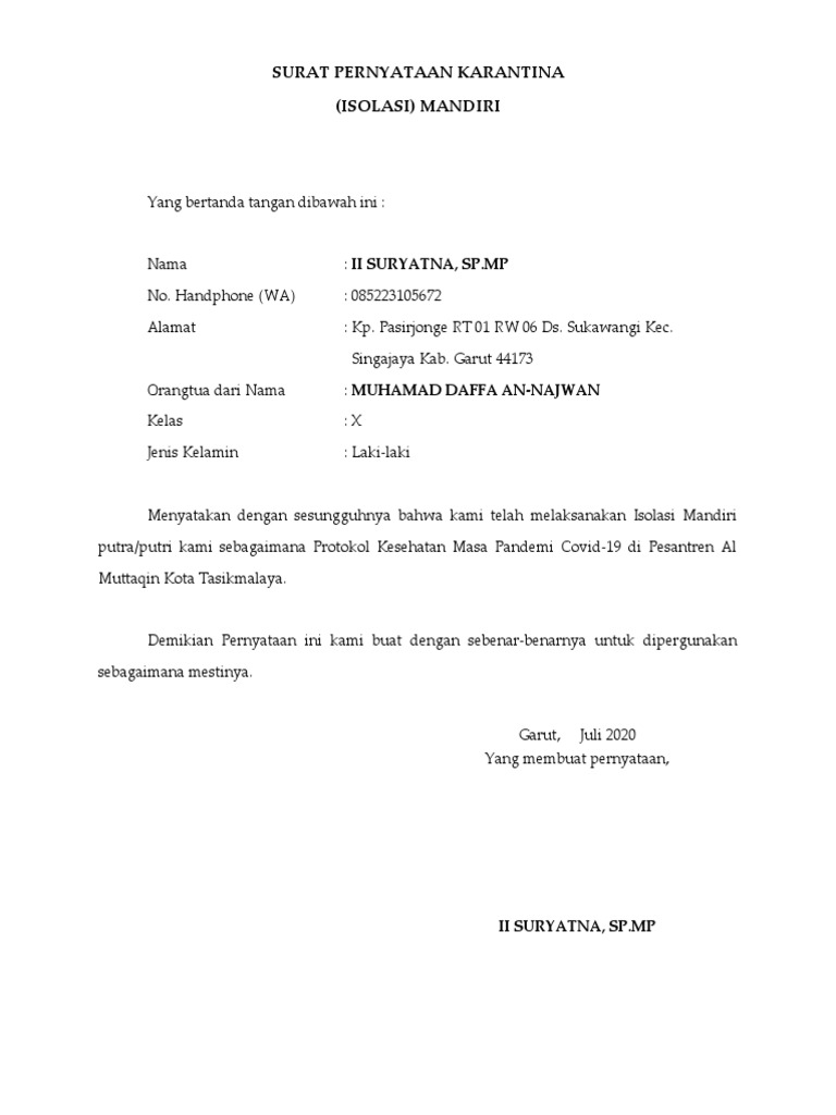 Surat Pernyataan Karantina | PDF